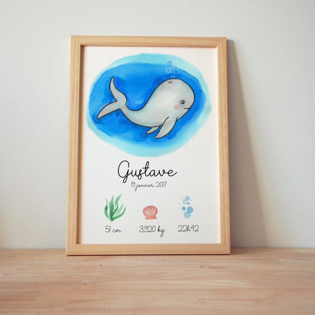 Watercolor Birth Poster/frame Bubble Life Whale - Etsy