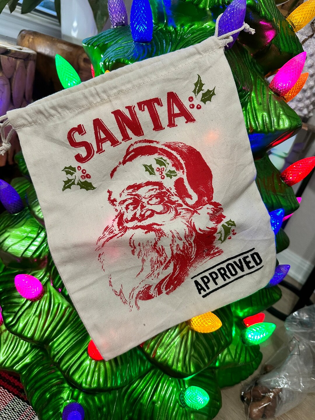 Cotton Drawstring Hand Painted Santa Approved Gift Bag Multi Color ...