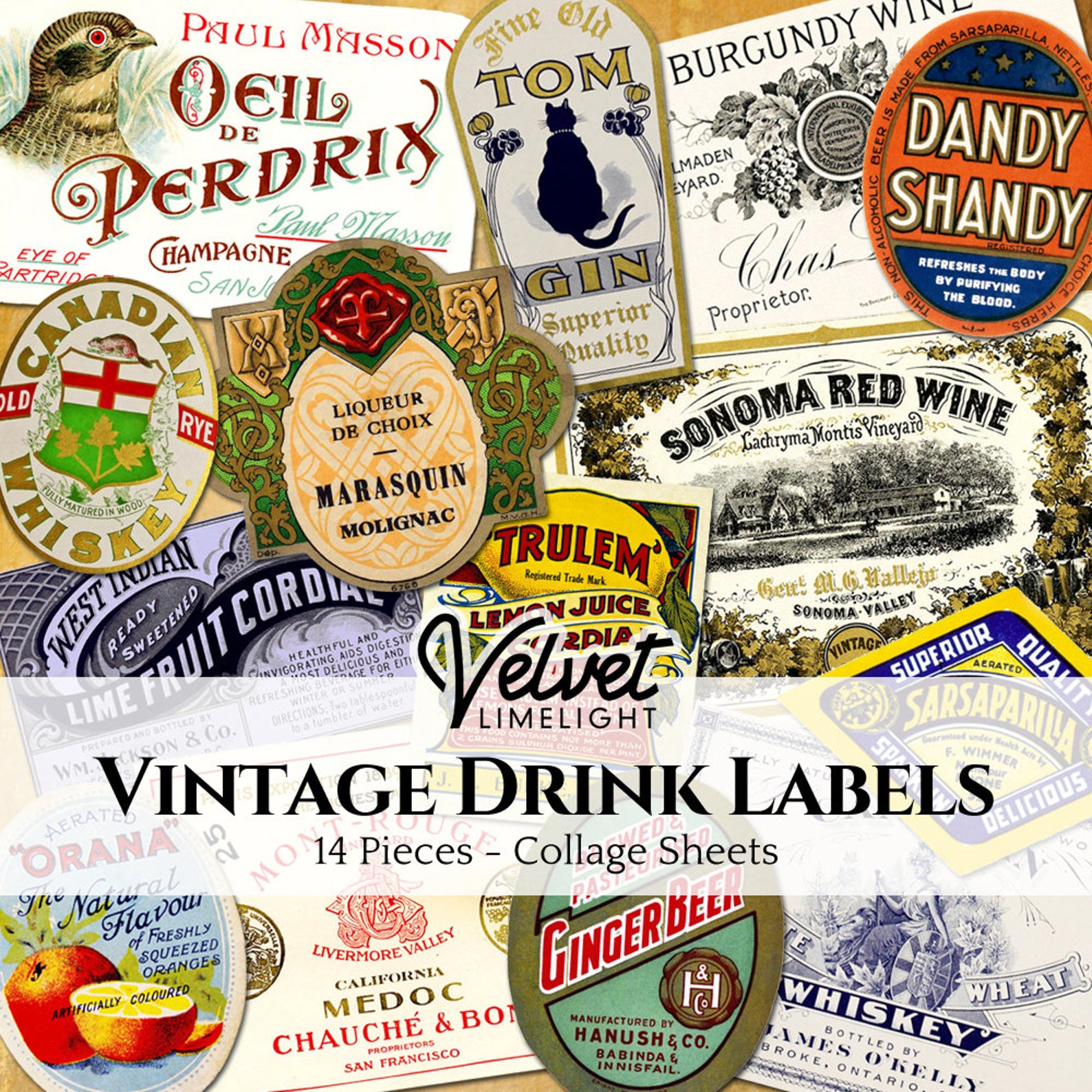 VINTAGE DRINK LABELS 14 Pieces, Printable Ephemera, Wine Whiskey ...