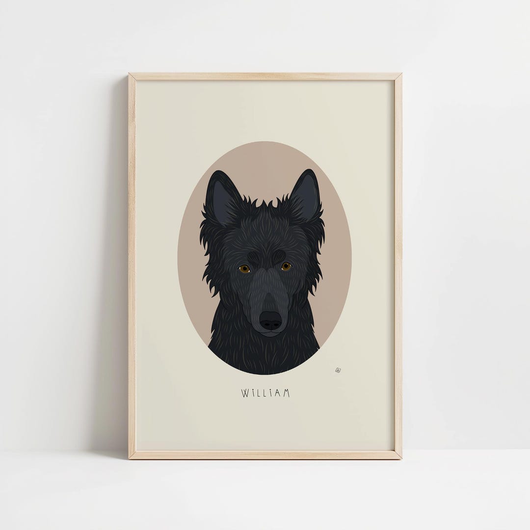Black Dog Portrait Drawing, Hand-drawn Illustration in Oval Frame, Pet ...