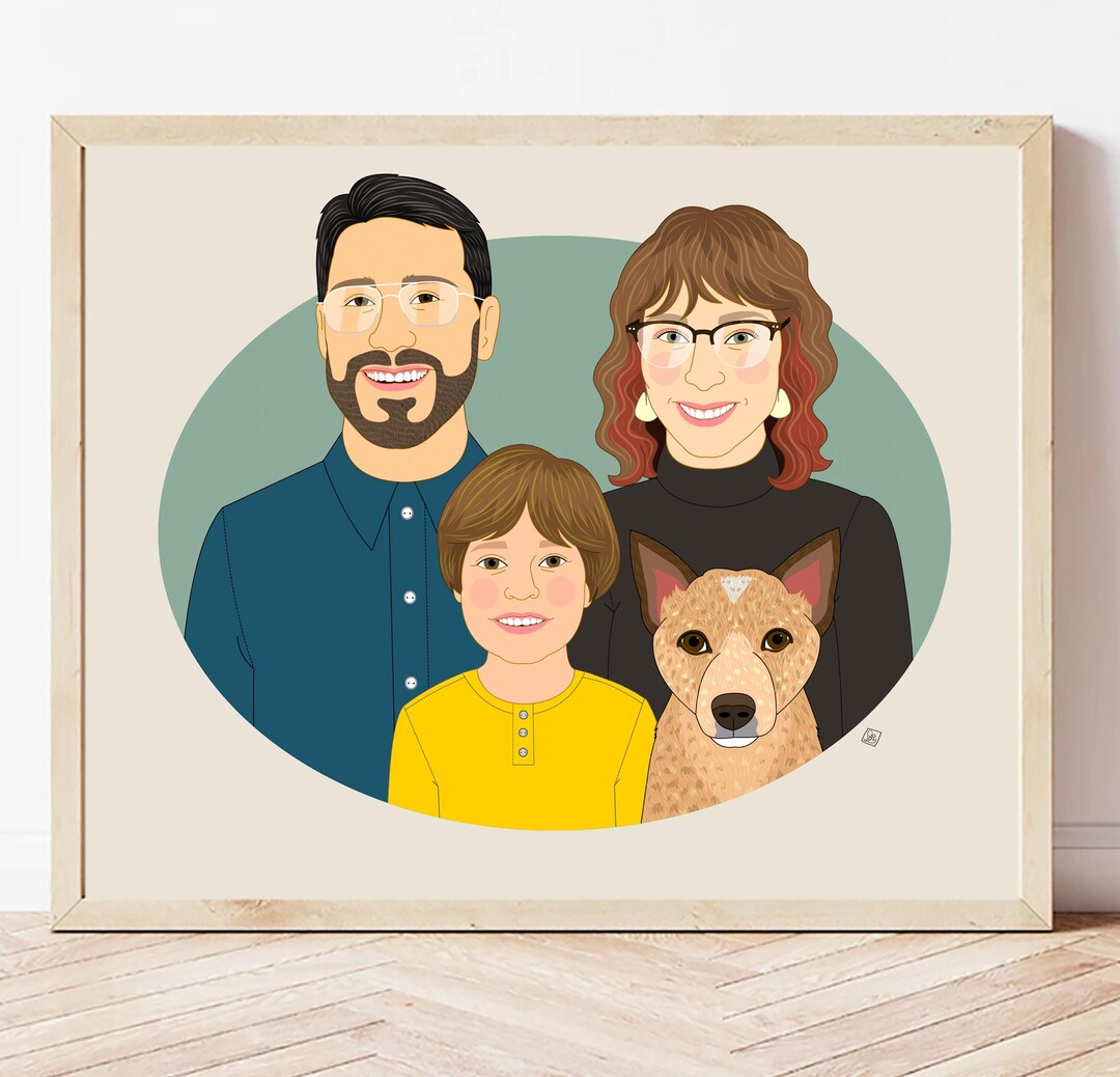 Minimalist Custom Family Portrait of 3 People and a Pet, Personalized ...