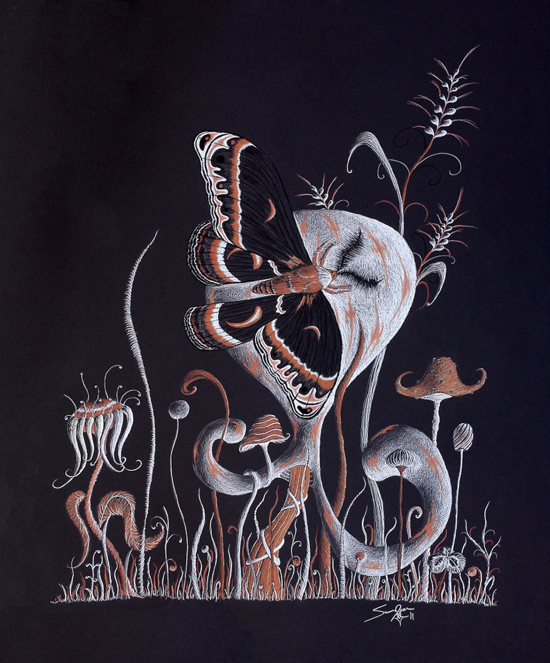 Charcoal Moth Art PRINT Surrealism, Mushroom Drawing, Moth Drawing ...