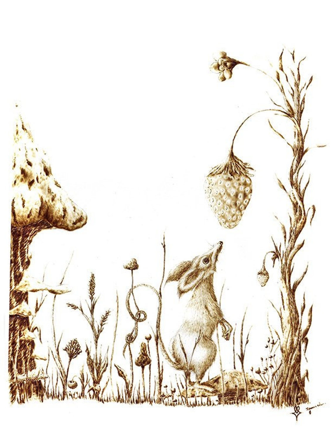 Reaching up for a Strawberry PRINT Pyrography, Monochromatic, Sepia ...