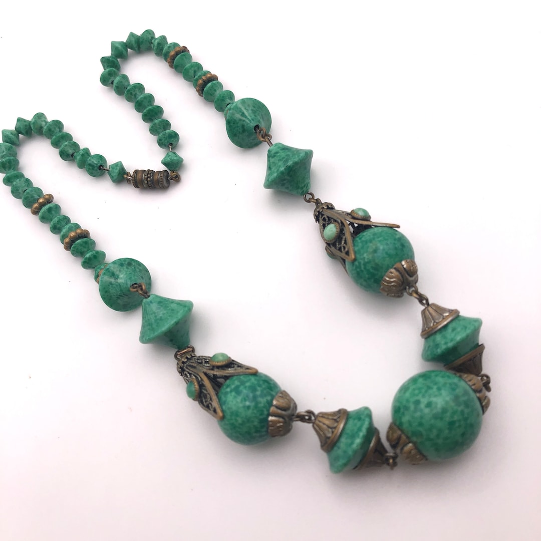 Neiger Brothers 1920s Czech Large Mottled Green Glass Beaded Necklace ...