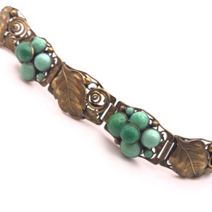 Vintage Neiger Brothers Czech Bracelet: Green Cabochon Stones, Leaf ...