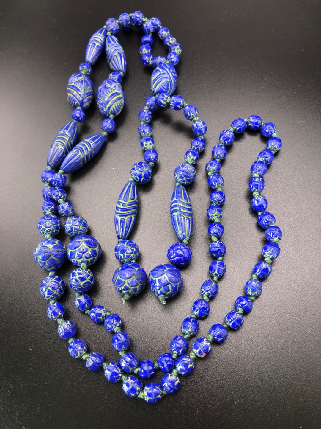 Neiger Brothers Egyptian Tassel 1920s Czech Blue Glass Beaded Necklace ...