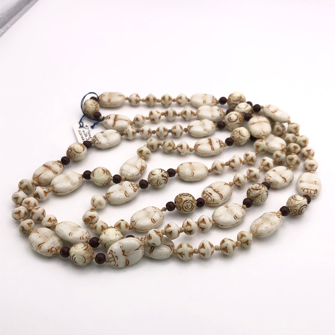Neiger Antique Art Deco Egyptian Revival White Uranium Beads and Scarab ...