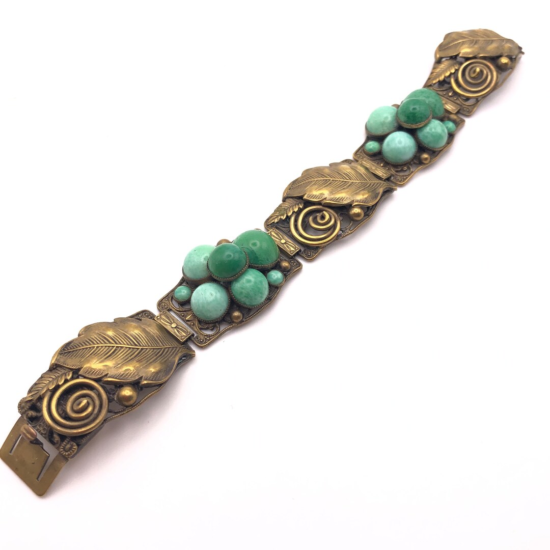 Vintage Neiger Brothers Czech Bracelet: Green Cabochon Stones, Leaf ...