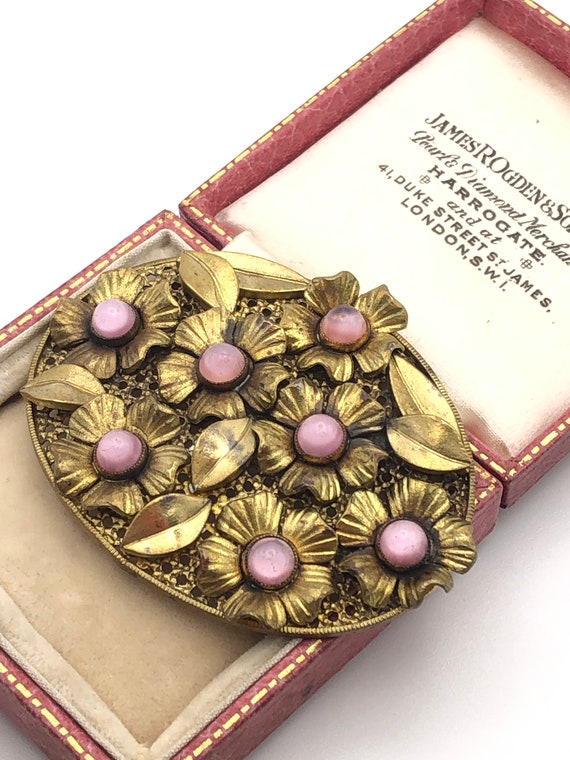 1920s vintage czech brooch with pink cabochon glass s… - Gem