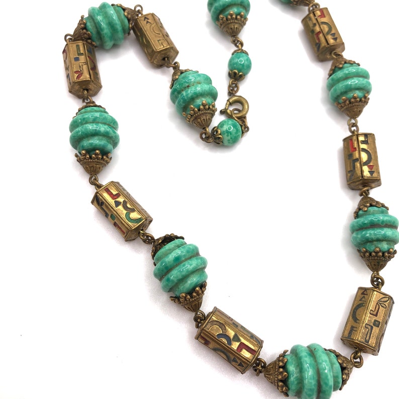 Neiger Art Deco Czech Necklace: Jade Green Ribbed Glass & Enamel Beads ...