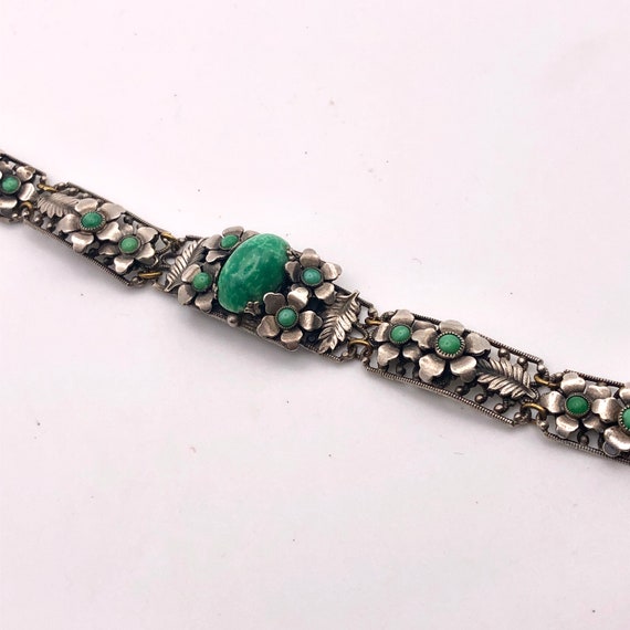 Neiger Art Deco Czech Bracelet: Green Glass, Silver T… - Gem