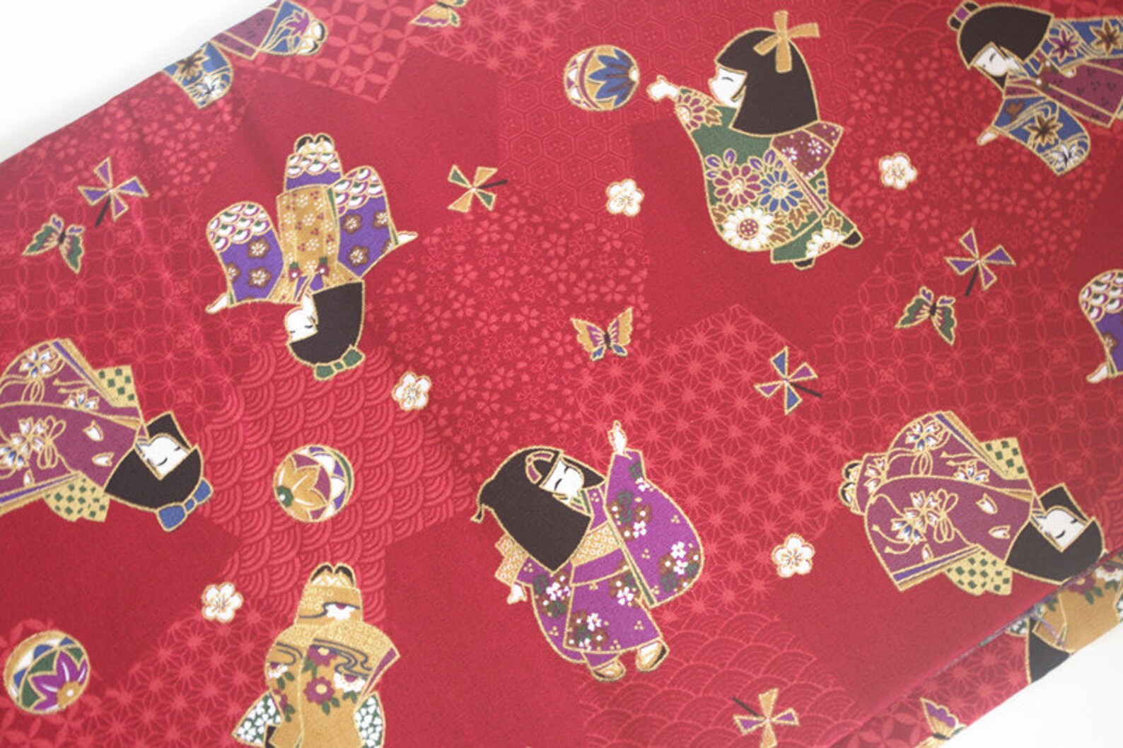 Vintage Japanese Cotton Fabric Red Fabric Printed With Sweet Girls in ...