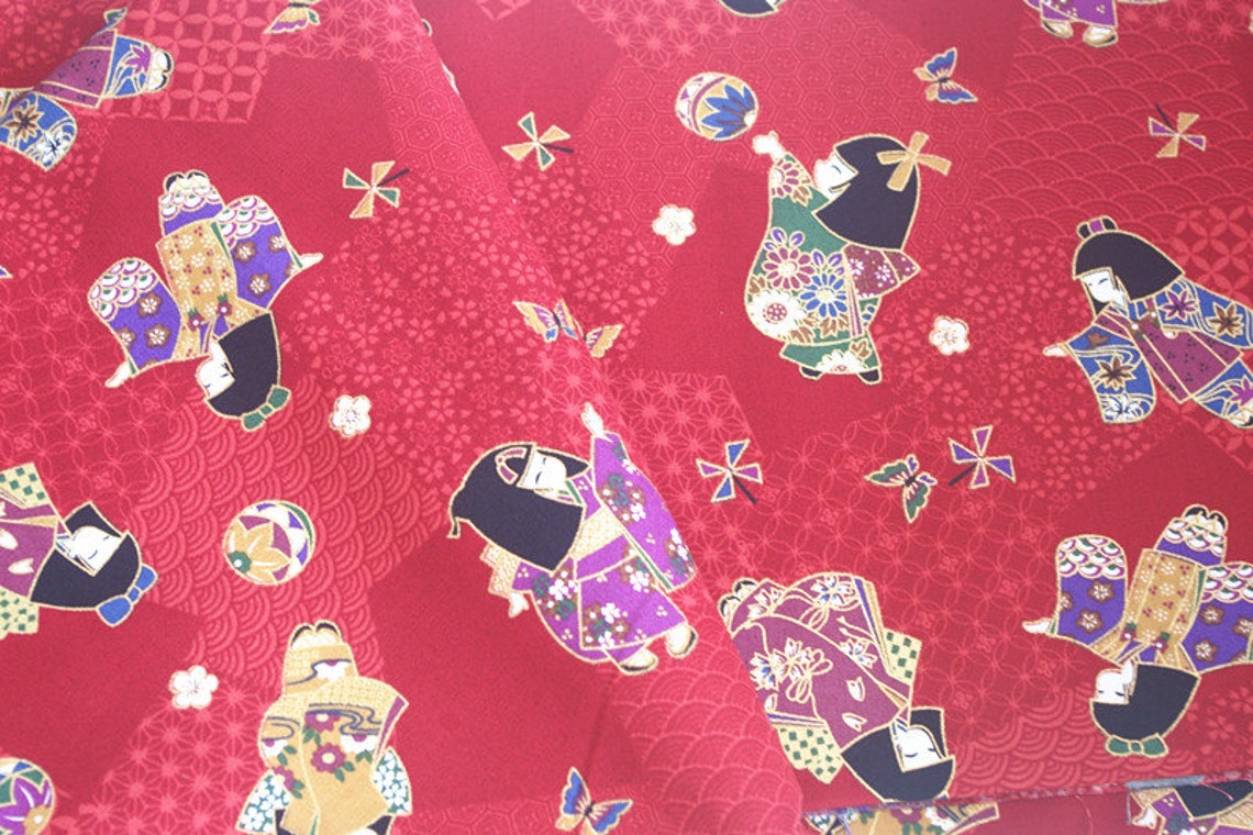 Vintage Japanese Cotton Fabric Red Fabric Printed With Sweet Girls in ...