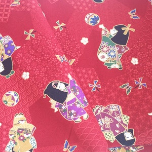 Vintage Japanese Cotton Fabric Red Fabric Printed With Sweet Girls in ...
