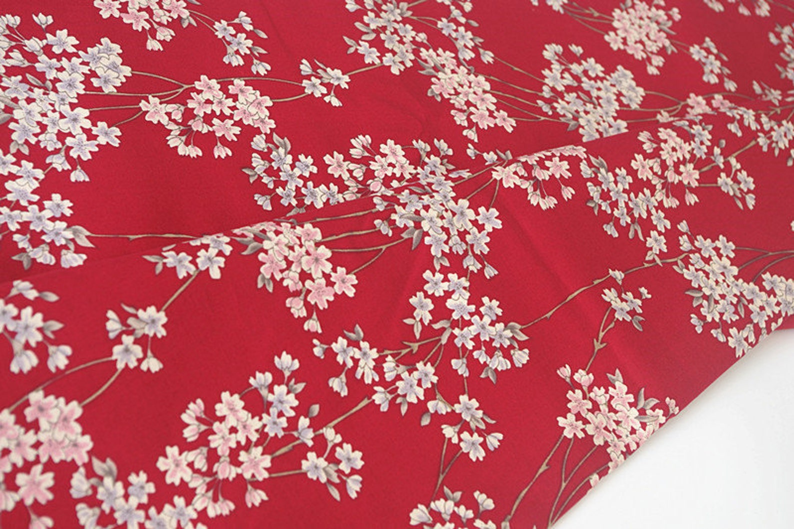 Vintage Japanese Red Cotton Fabric Floral Fabric With Pink White Sakura ...