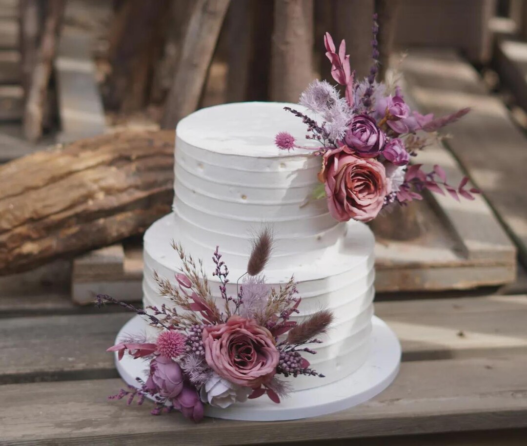 A Set of 2 Pieces Wedding Cake Topper, Dark Purple Floral Cake ...