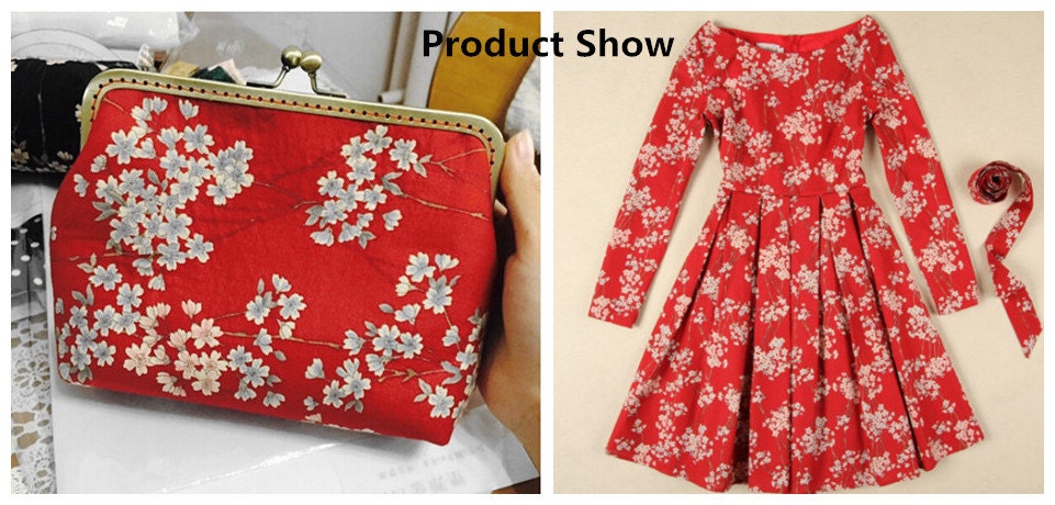 Vintage Japanese Red Cotton Fabric Floral Fabric With Pink White Sakura ...