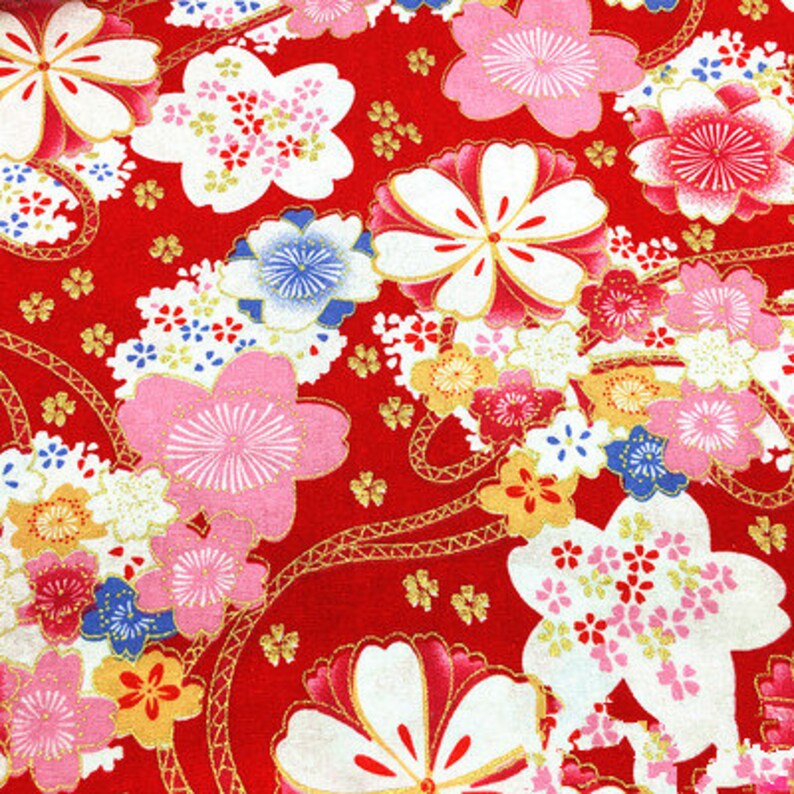 Vintage Japanese Red Cotton Fabric Floral Fabric With Pink White Sakura ...