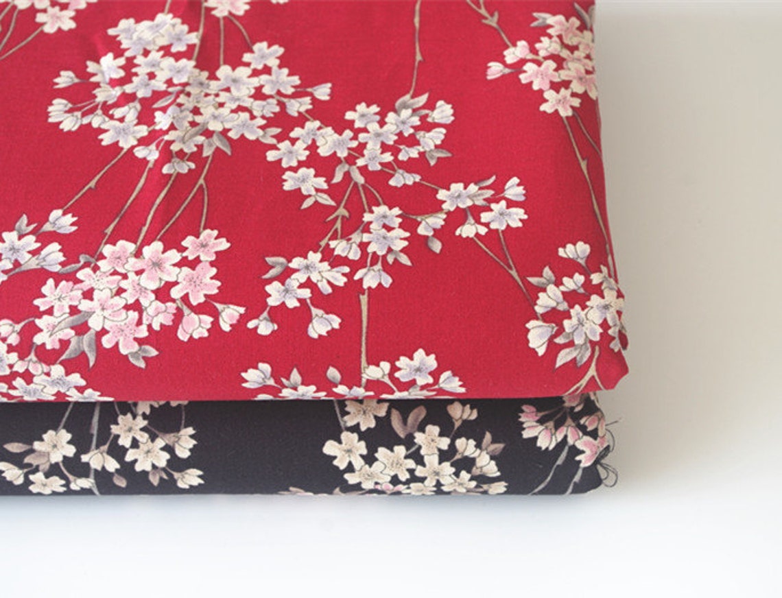 Vintage Japanese Red Cotton Fabric Floral Fabric With Pink White Sakura ...