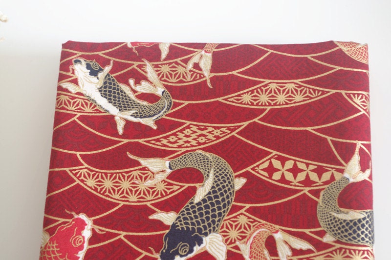 Vintage Japanese Black and Red Cotton Fabric Cloth Printed With Wave ...