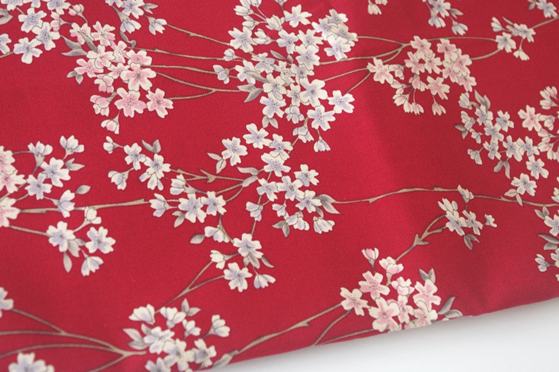 Vintage Japanese Red Cotton Fabric Floral Fabric With Pink White Sakura ...