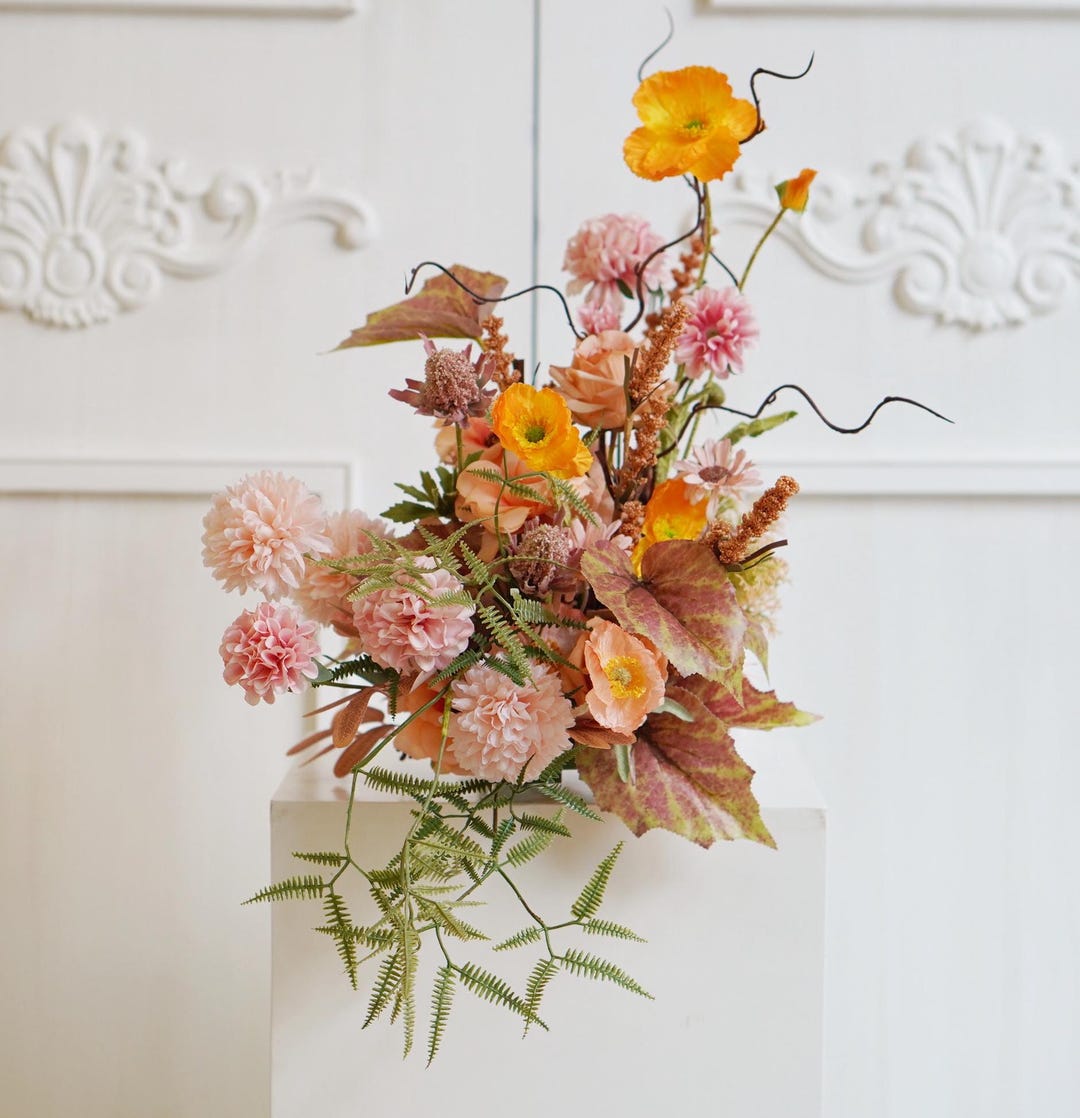 Pure Silk Flowers Table Arrangement,orange Silk Flowers,dining Table ...