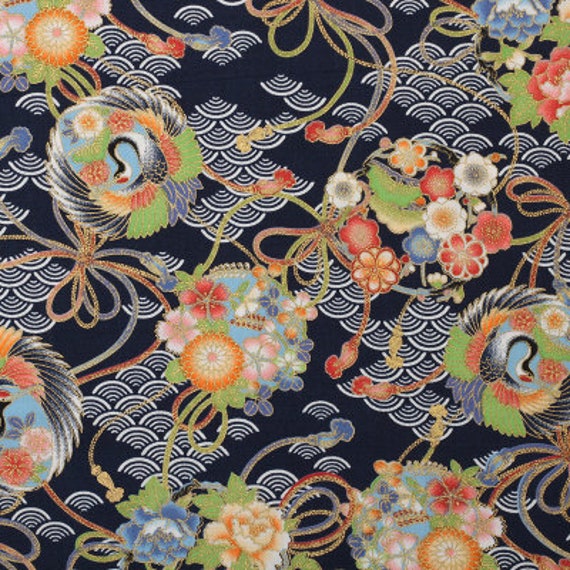 Vintage Japanese Cotton Fabric Cloth bird crane navy blue | Etsy