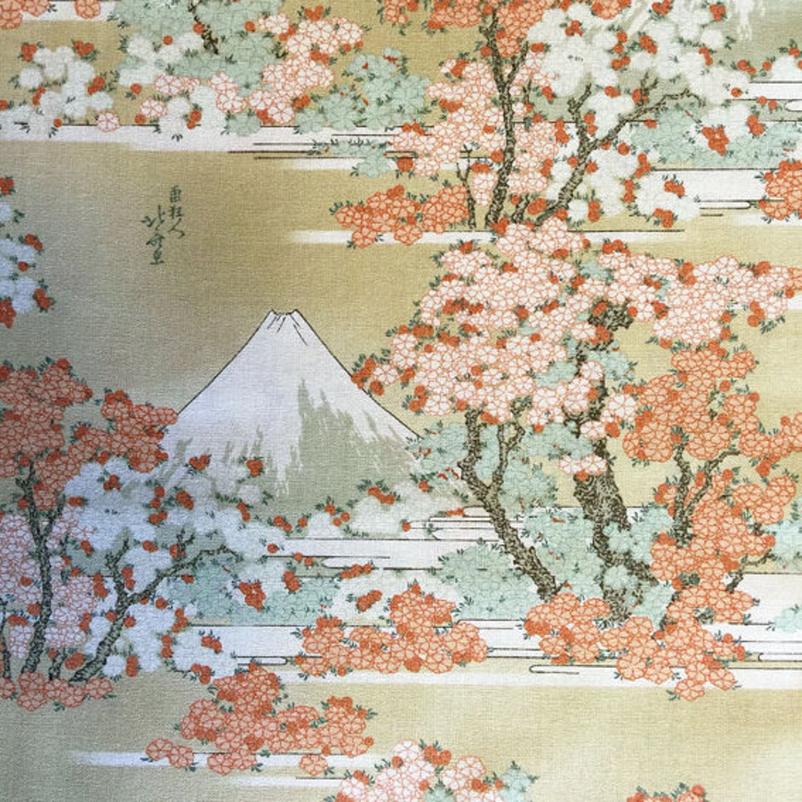 Vintage Japanese Cotton Fabric With Mount Fuji and Sakura Trees for ...