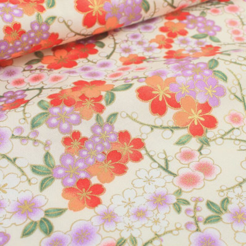 Vintage Japanese Red Cotton Fabric Floral Fabric With Pink White Sakura ...