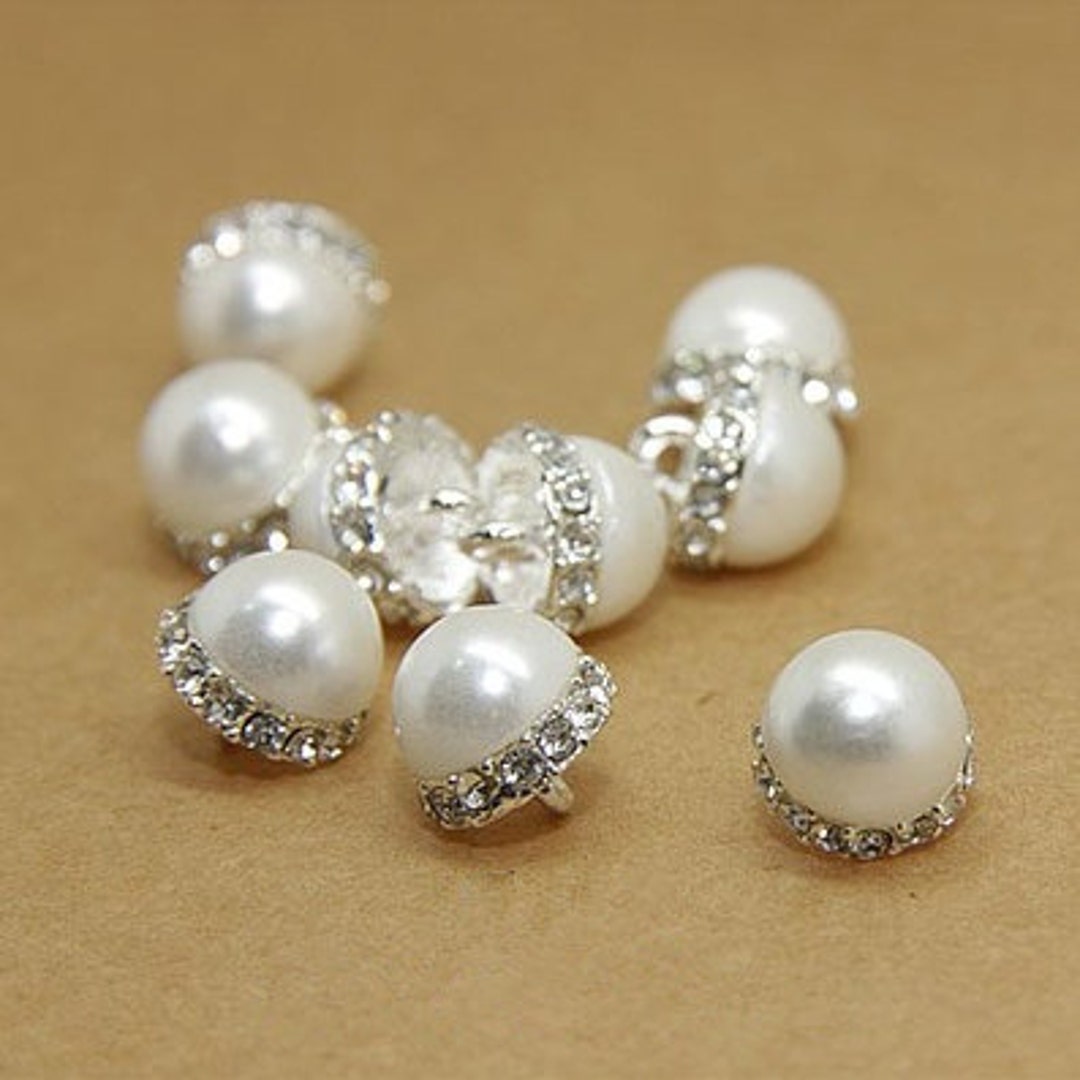 Five Pieces White Faux Pearl Button With Shiny Diamonds Mushroom Metal ...
