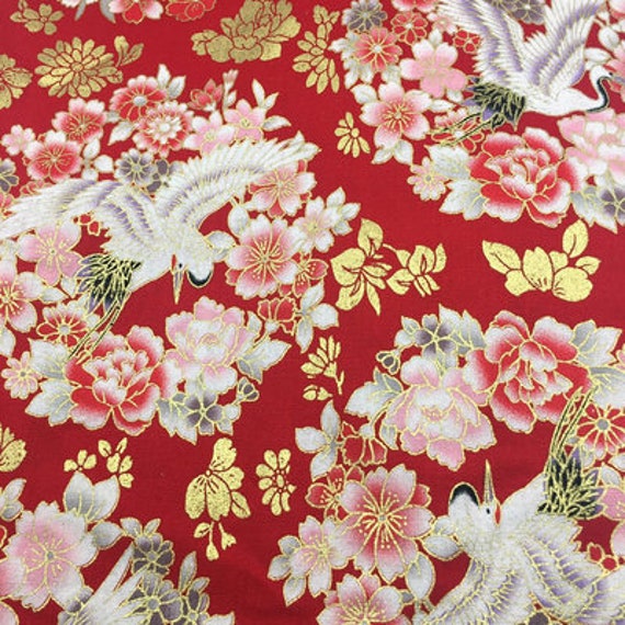 Vintage Japanese Cotton Fabric Cloth Bird Crane Red Black by | Etsy