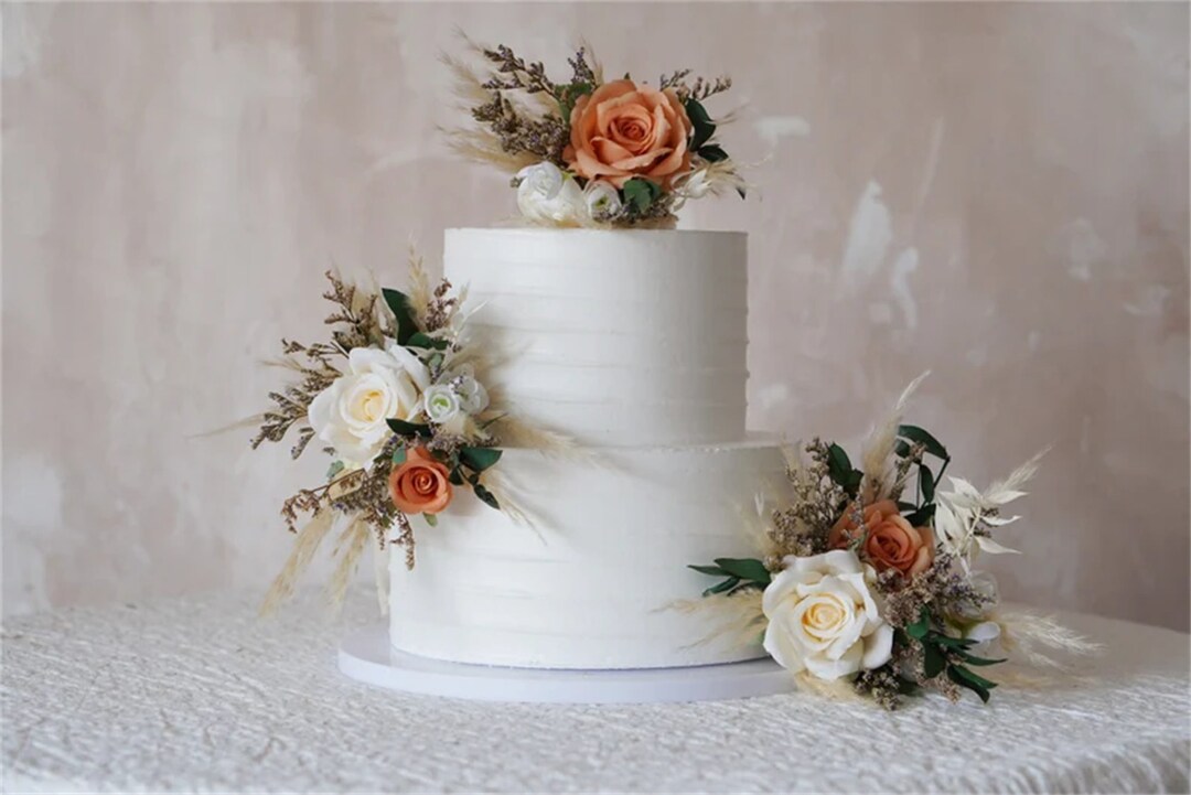 A Set Wedding Cake Topper, Green Eucalyptus Leaves, Orange Flowers ...