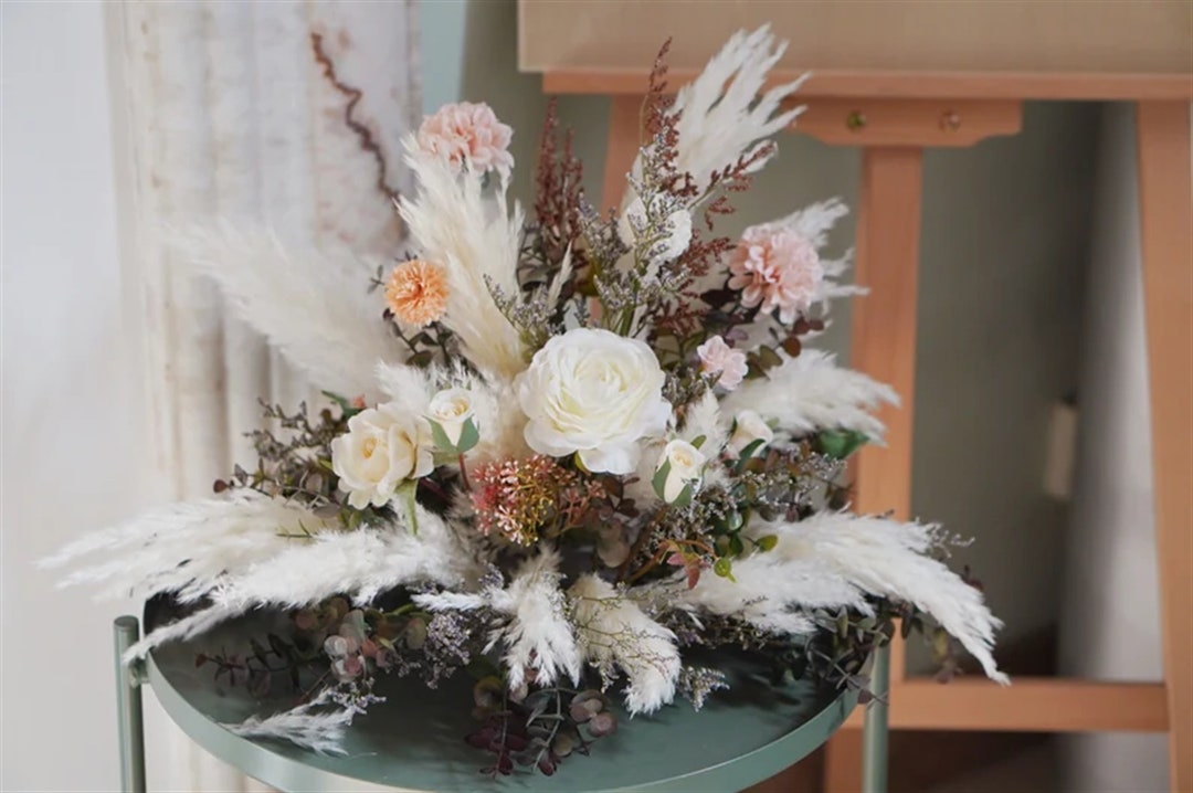 White Rustic Flower Centerpiece Lpampas Table Centerpiece L Wedding ...