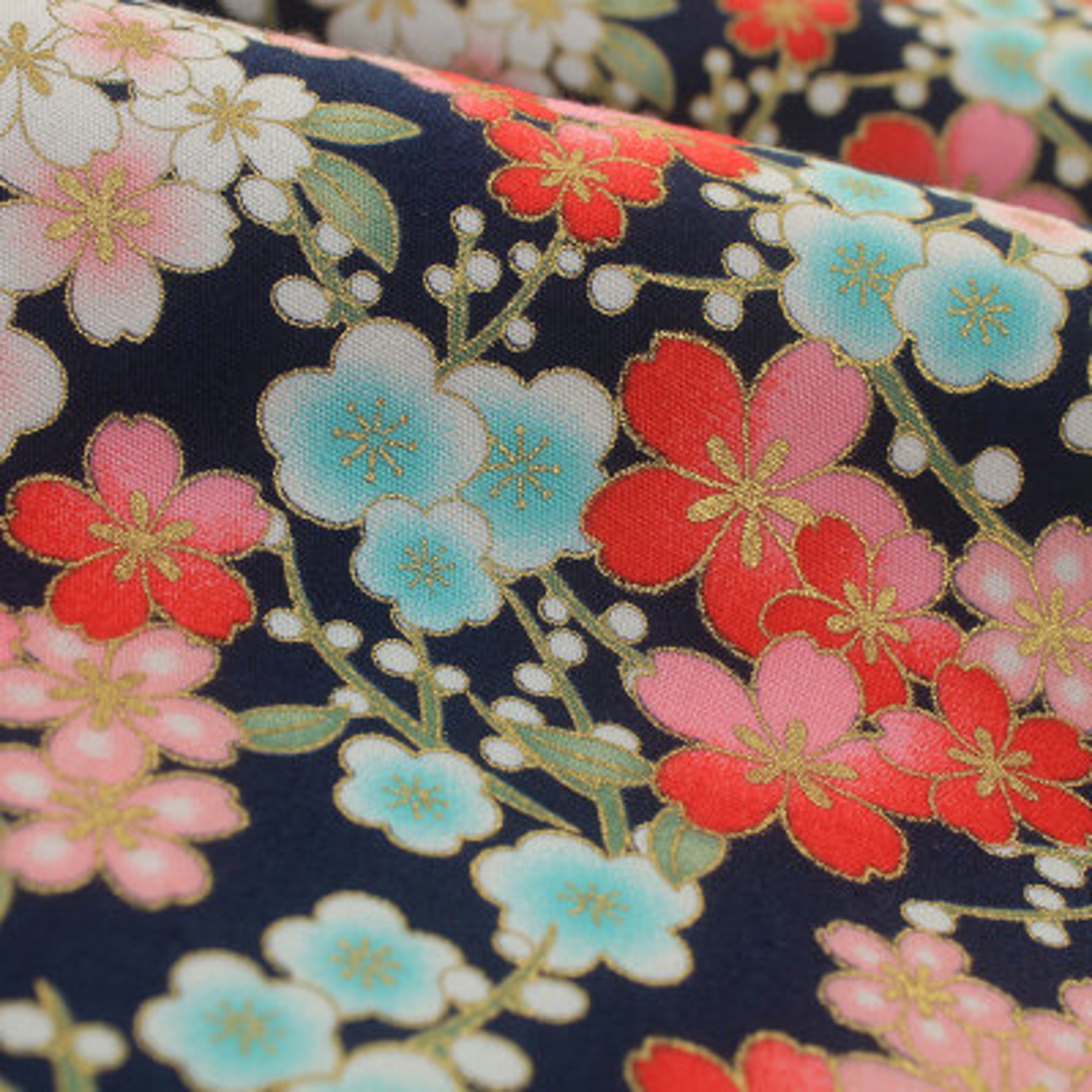 Vintage Japanese Red Cotton Fabric Floral Fabric With Pink White Sakura ...