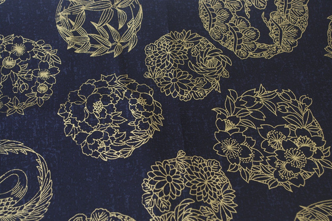 Vintage Japanese Blue Cotton Fabric Printed with Golden | Etsy