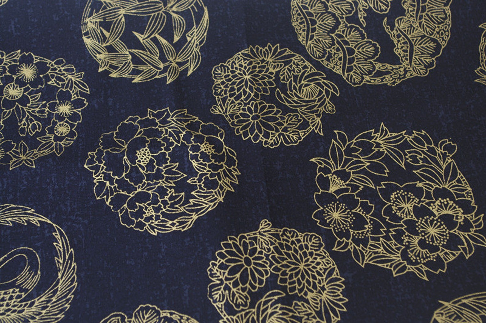 Vintage Japanese Blue Cotton Fabric ,printed With Golden Flowers , Pine ...