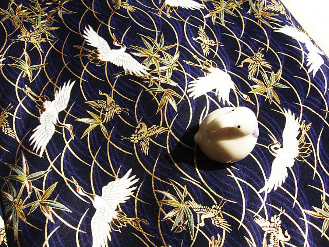 Vintage Japanese Cotton Fabric Cloth Bird Crane Blue by 1/2 Yard for ...