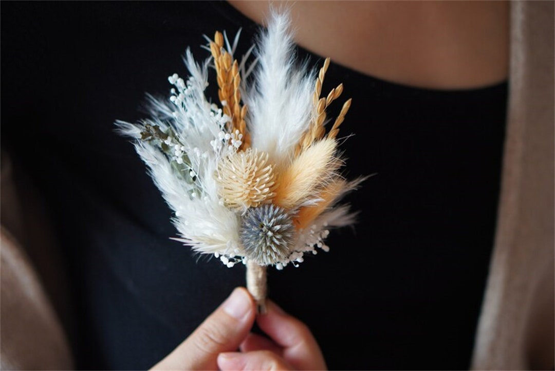 Yellow Bunny Tails Wedding Boutonniere, Rustic Boutonniere, Natural ...