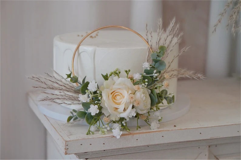 White/green Silk Flowers Cake Topper, Rings Flowers Cake Topper, Pampas ...