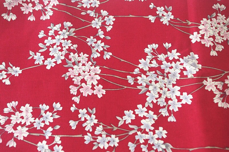 Vintage Japanese Red Cotton Fabric Floral Fabric With Pink White Sakura ...