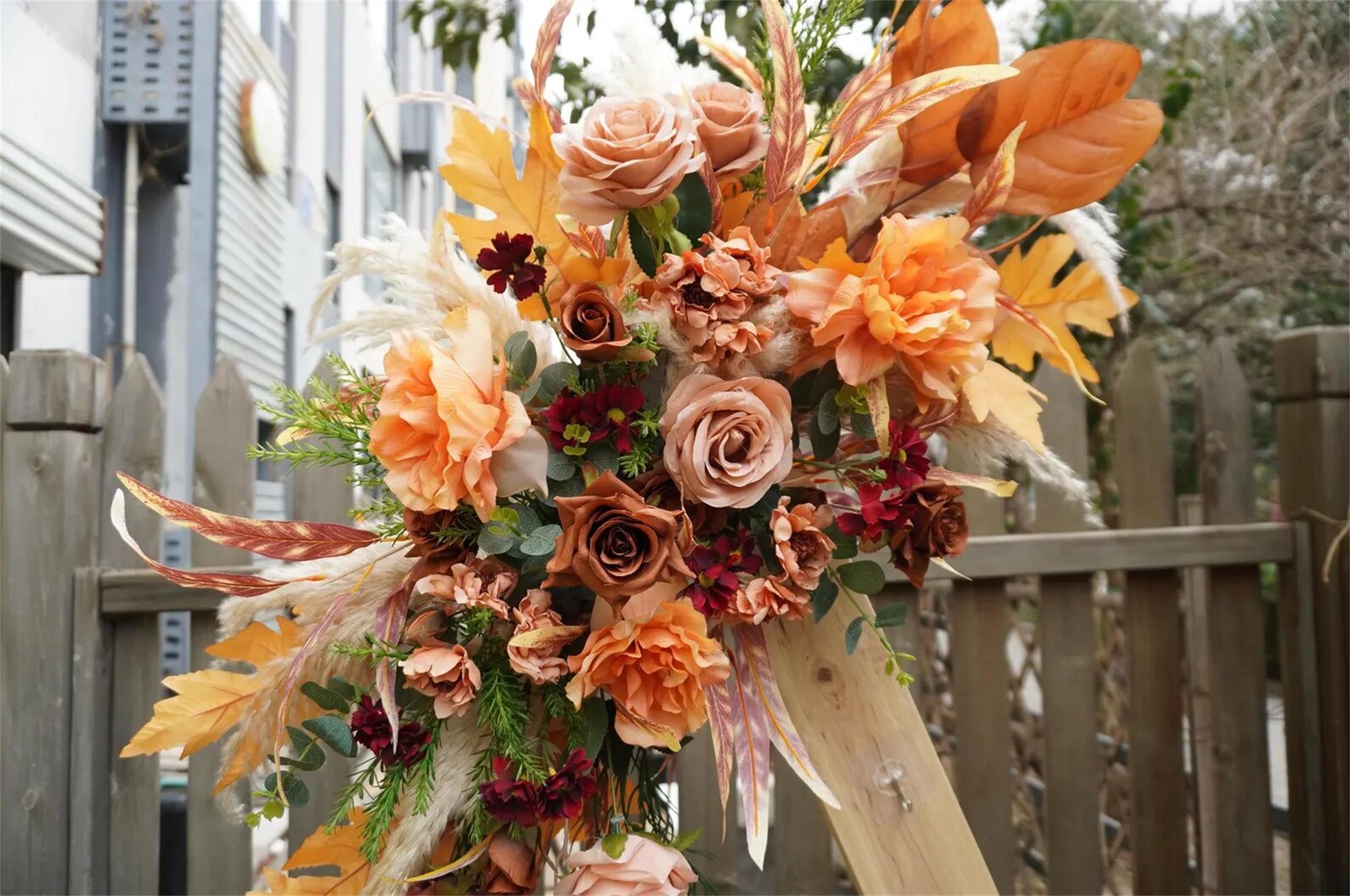 Beige Pampas Wedding Archway, Orange Silk Flowers, Wedding Corner Swag ...