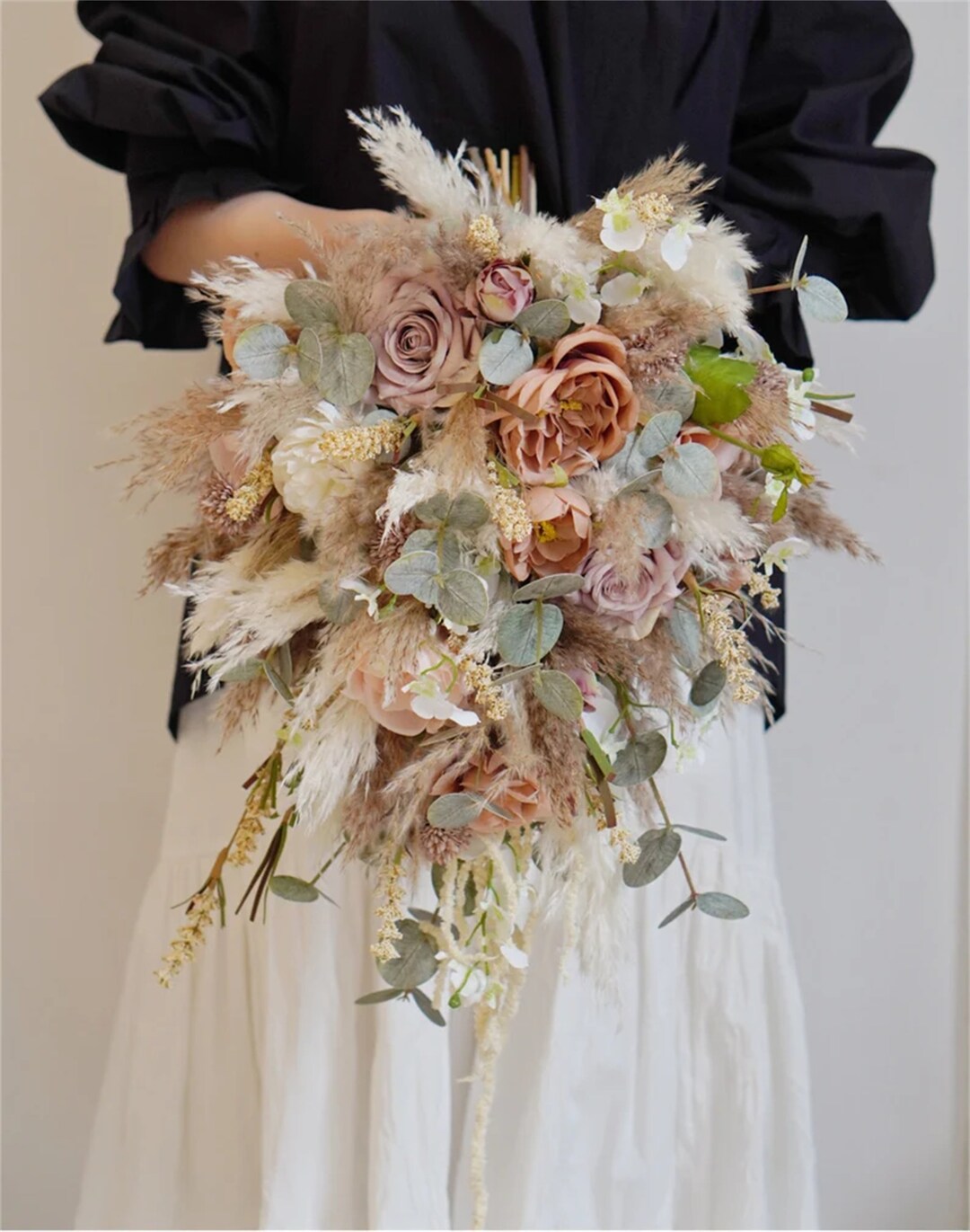Nude,grey-pink Silk Flowers Bridal Bouquet Pampas Gras, Boho Wedding ...