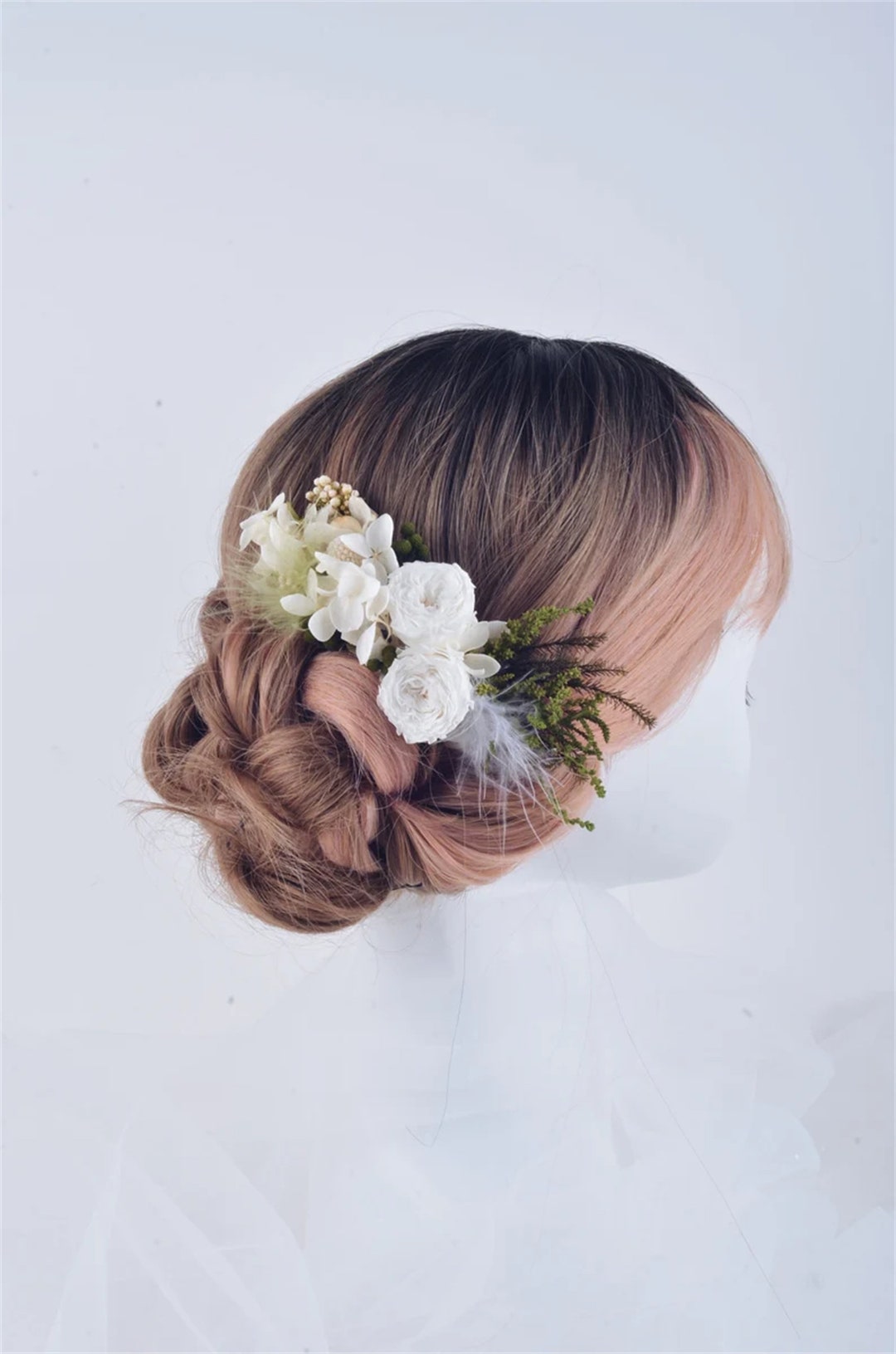 Preserved Natural Real Flower Rose Hair Comb, White Austin Rose Green ...