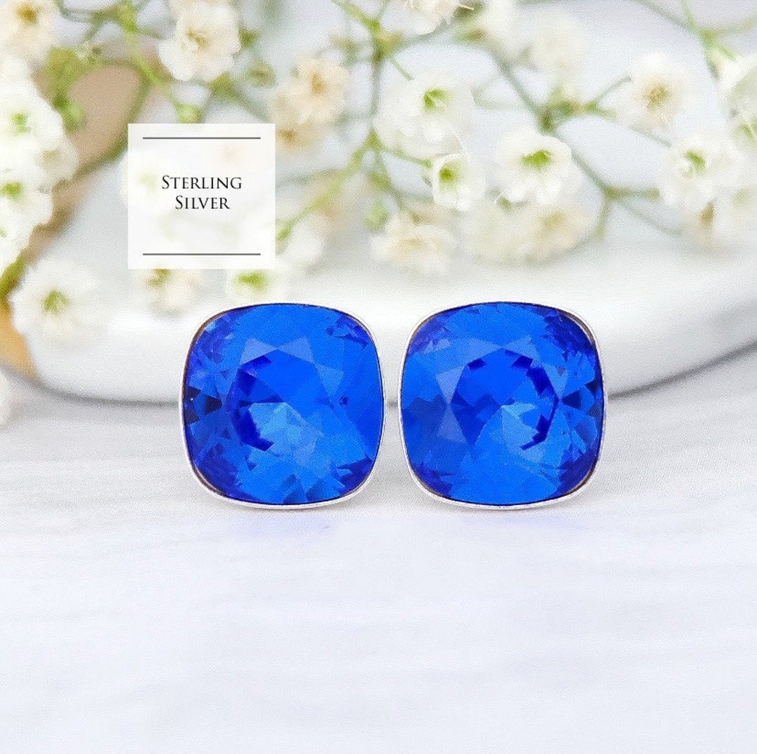 Blue Sterling Silver Stud Crystal Earrings, Minimalist Jewellery, Royal ...
