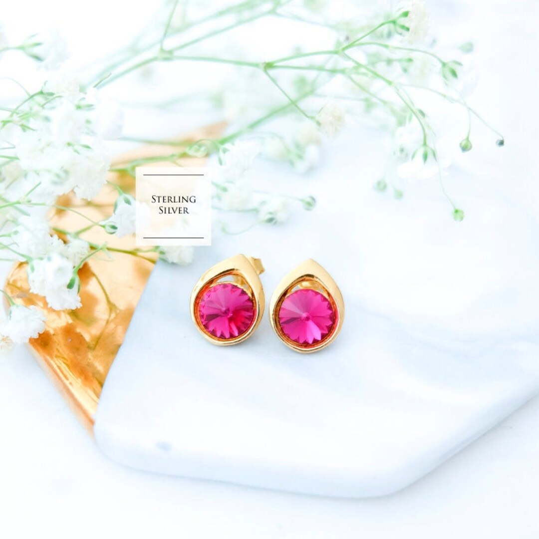 Hot Pink Stud Earrings, Teardrop Crystal Studs, Sterling Silver Stud Earrings, Kids Earrings ...