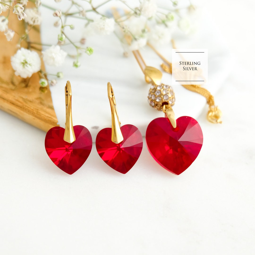 Red Heart Earrings Necklace Set, Anniversary Gift for Her, Red Crystal ...