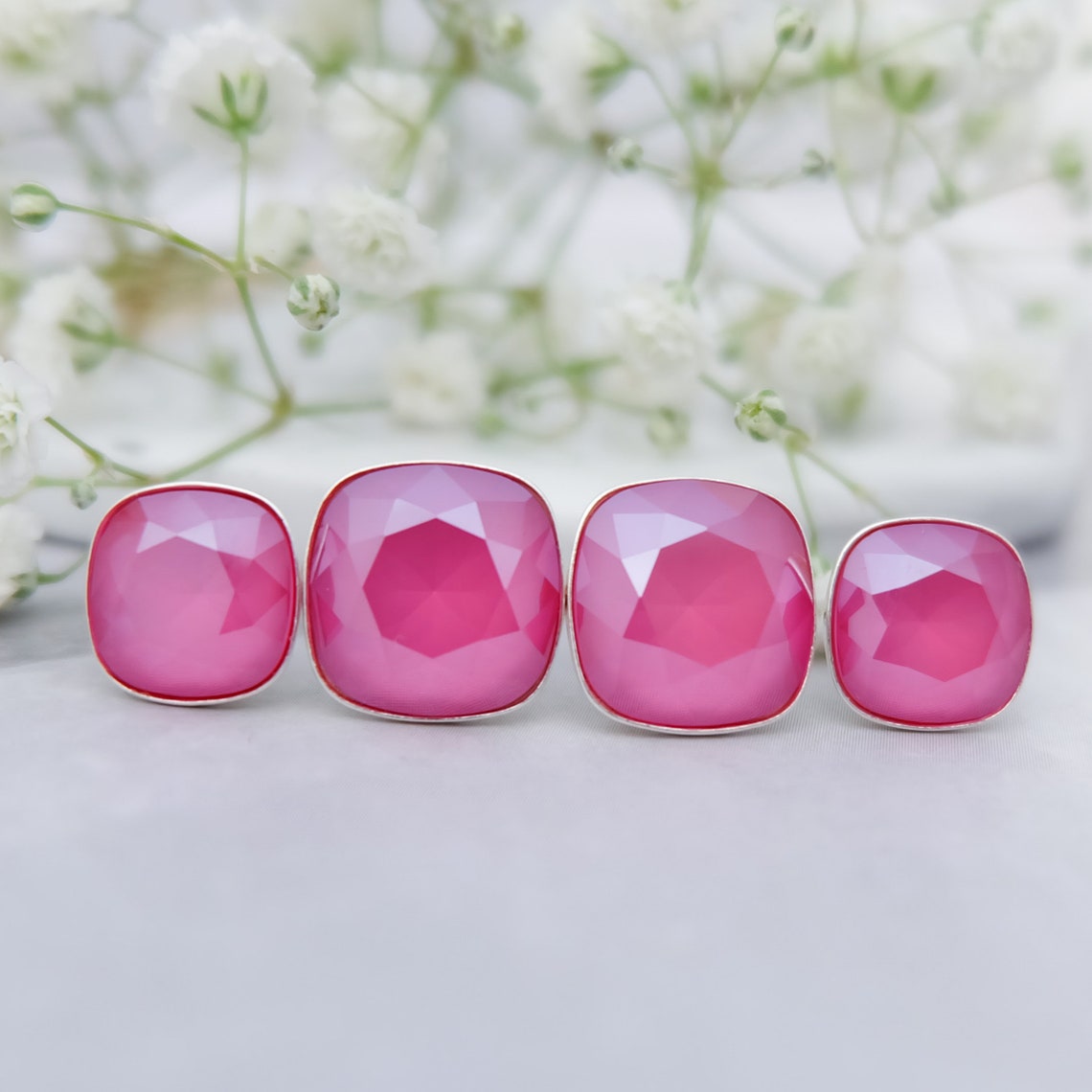 Hot Pink Stud Earrings Crystal Stud Earrings Pink Square - Etsy