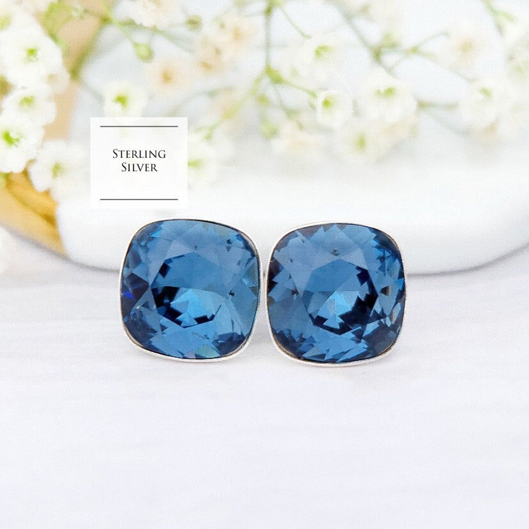 Navy Blue Crystal Stud Earrings, Square Sterling Silver Studs, Gift for ...