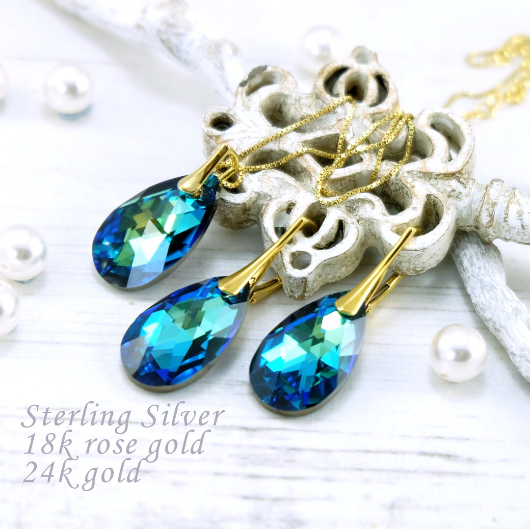 Bermuda Blue Crystal Earrings Necklace Set, Mermaid Wedding, Sterling ...