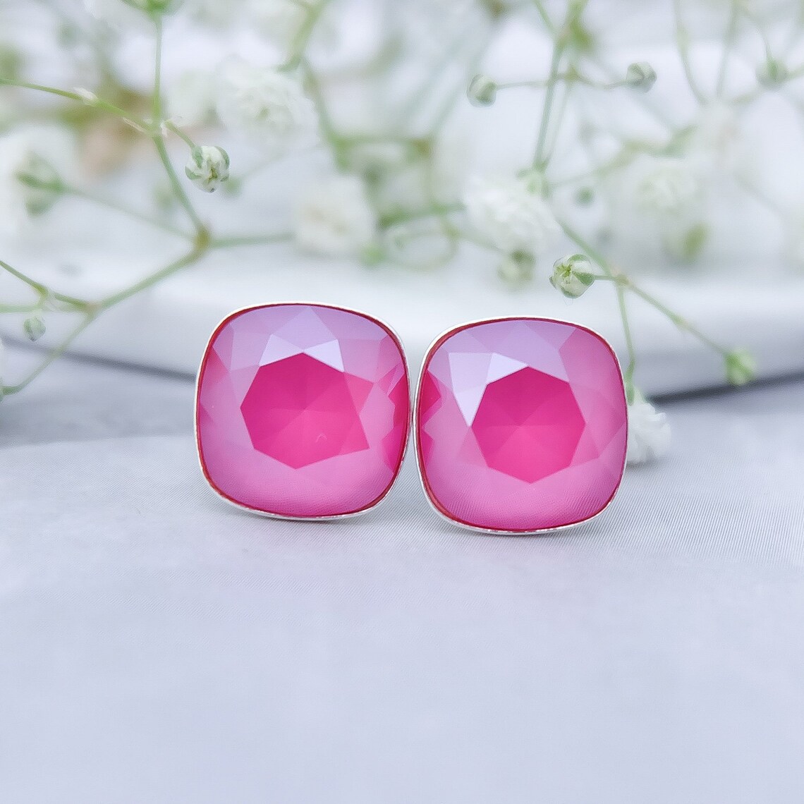 Hot Pink Stud Earrings Crystal Stud Earrings Pink Square - Etsy